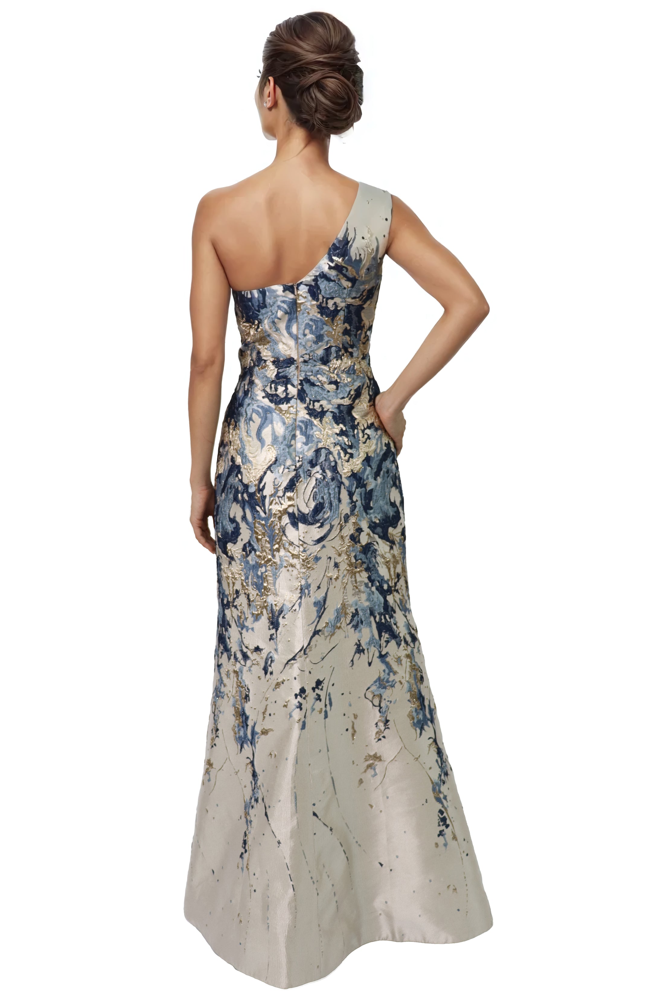One Shoulder Brocade Column Gown