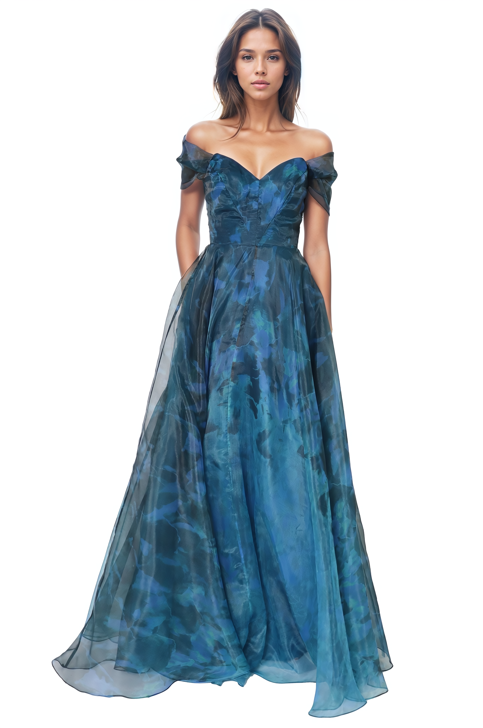 Wrap Sleeve Off The Shoulder Organza Gown