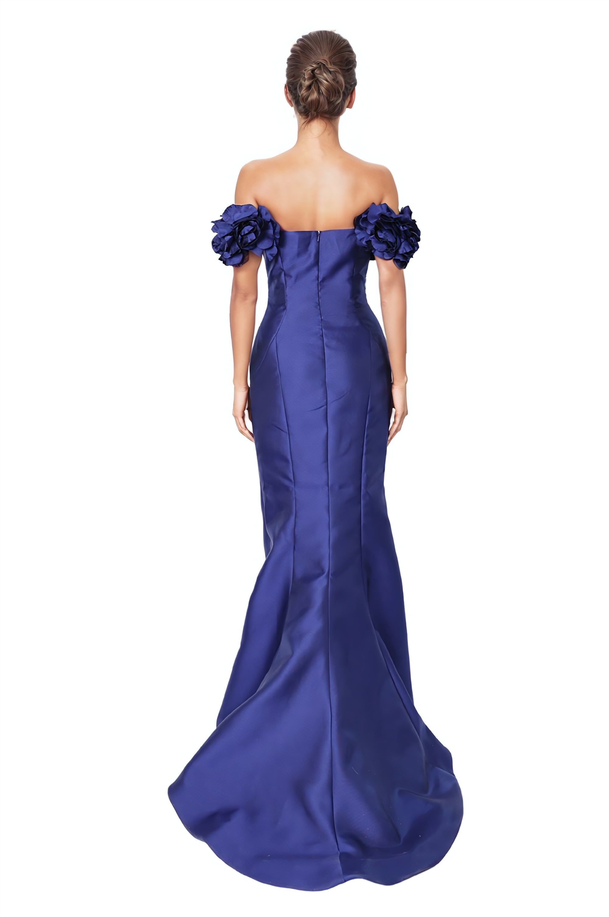 Off The Shoulder Mikado Floral Sleeves Fit And Flare Gown